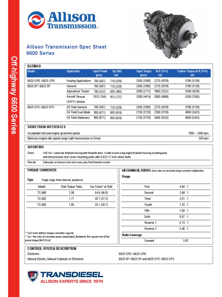 Allison 6600 Series Transmission Specs | PDF | Transmission (Mechanics ...