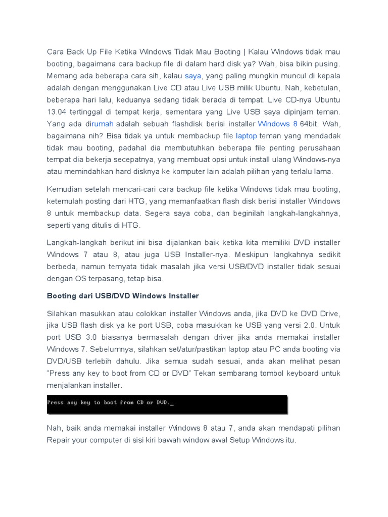Cara Back Up File Ketika Windows Tidak Mau Booting | PDF