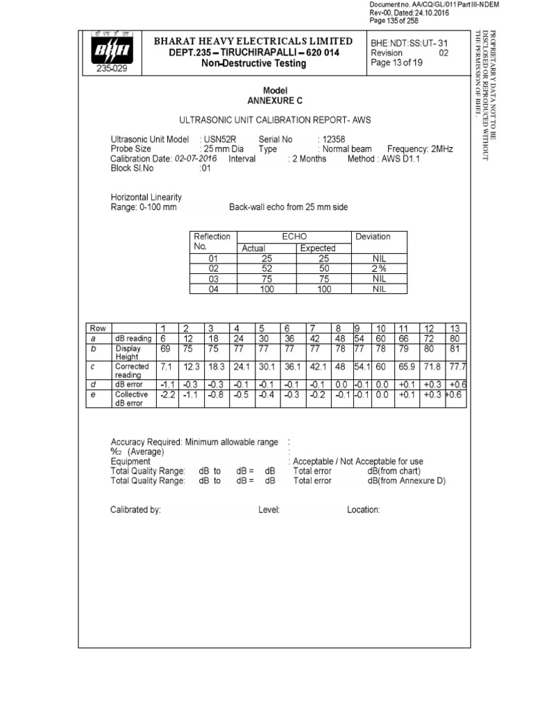 Model Ultrasonic Unit Calibration Report PDF | PDF