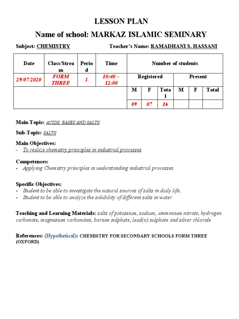 Form 3 Lesson Plan - 29.07.2020 | PDF | Salt (Chemistry) | Chemical ...