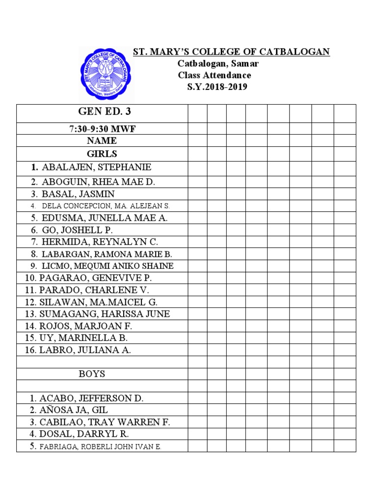 Class Attendance S.Y. 2018-2019 Gen Ed 3 | PDF