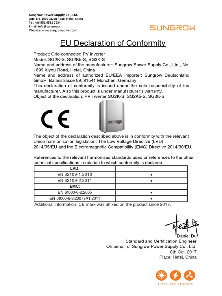 EU Declaration of Conformity: Sungrow Power Supply Co., LTD | PDF