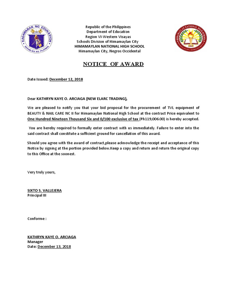 Notice of Award: Himamaylan National High School | PDF | Social ...