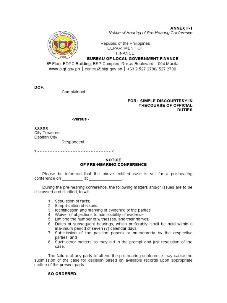 Annex F-1: Notice of Hearing of Pre-Hearing Conference | Download Free ...