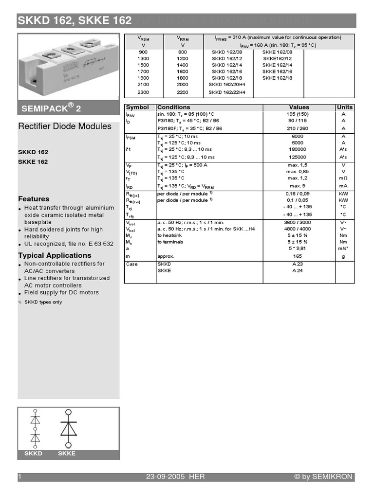 SKKD 162, SKKE 162: Thyristor Bridge, SCR, Bridge | PDF | Diode | Rectifier
