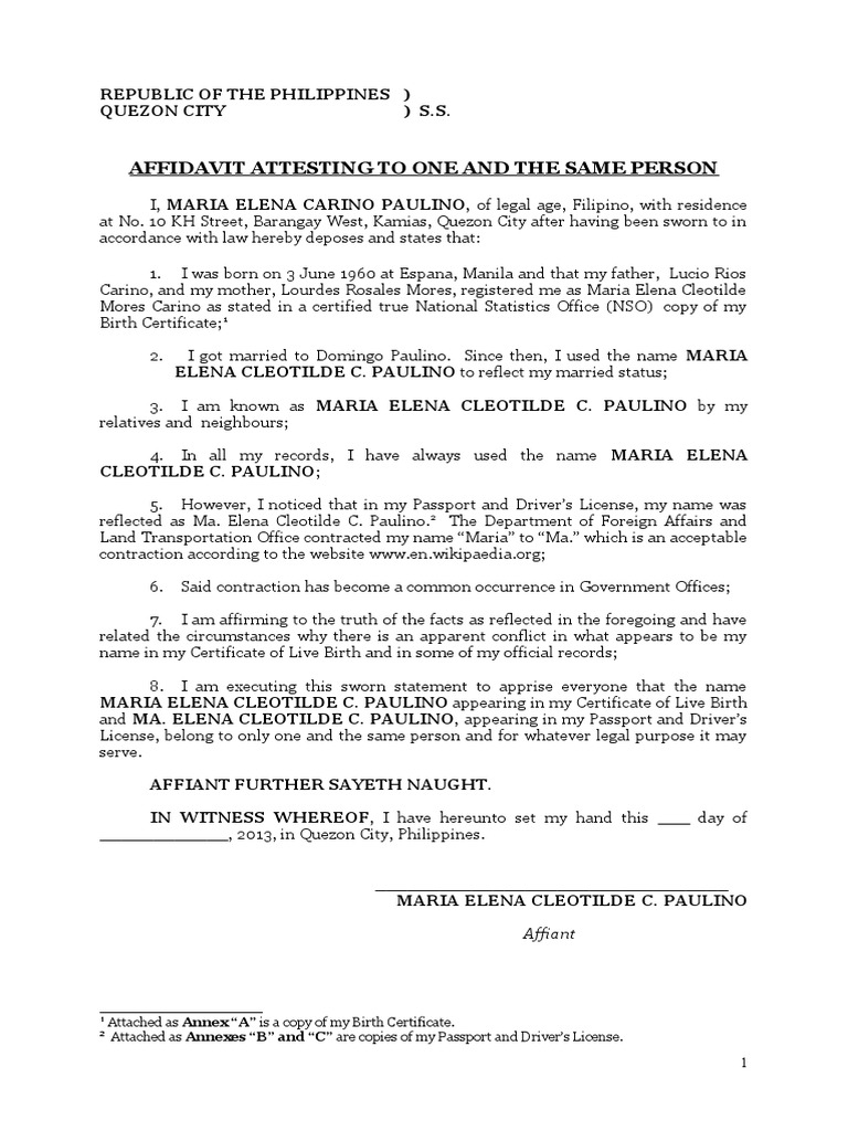 Affidavit Attesting To One and The Same Person (111113) | PDF ...