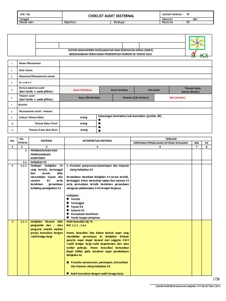 Checklist Audit SMK3 | PDF