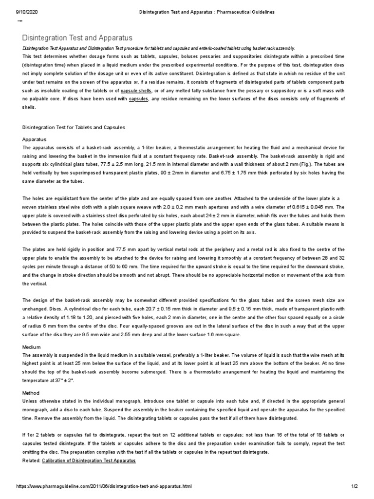 Disintegration Test and Apparatus - Pharmaceutical Guidelines | PDF ...