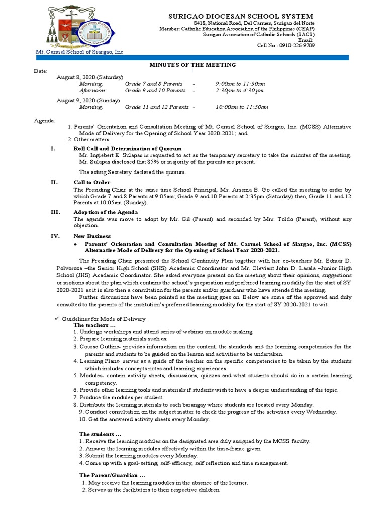 Parents Orientation Minutes of The Meeting 2020-2021 MDL | PDF ...
