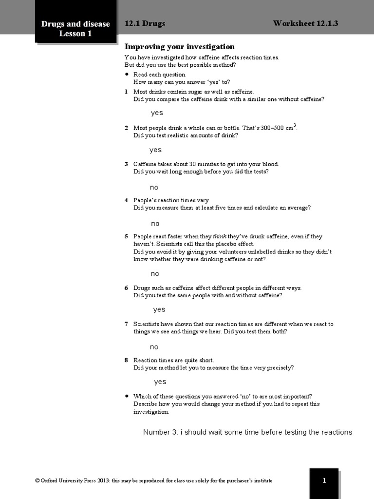 Drugs and Disease Lesson 1: 12.1 Drugs Worksheet 12.1.3 Improving Your ...