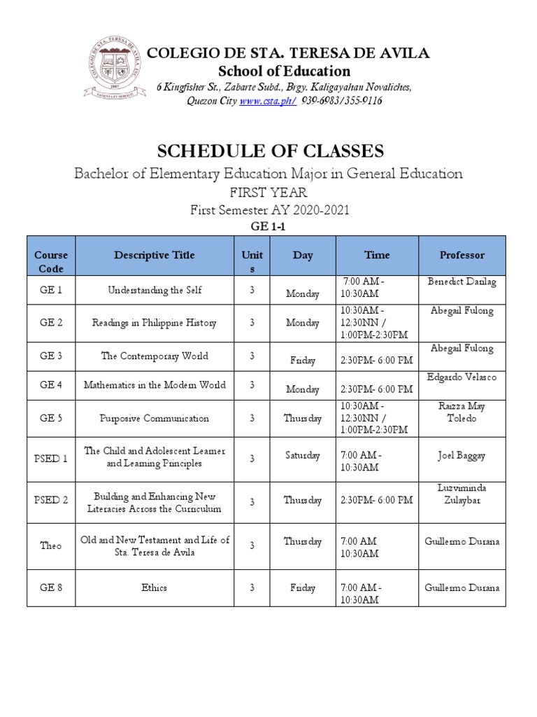 First Semester Class Schedule 2020-2021 | PDF | Learning | Cognition