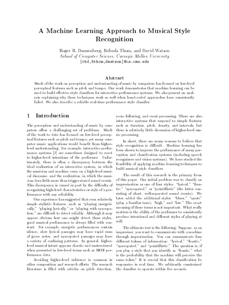 Roger B. Dannenberg, Belinda Thom, and David Watson: School of Computer ...