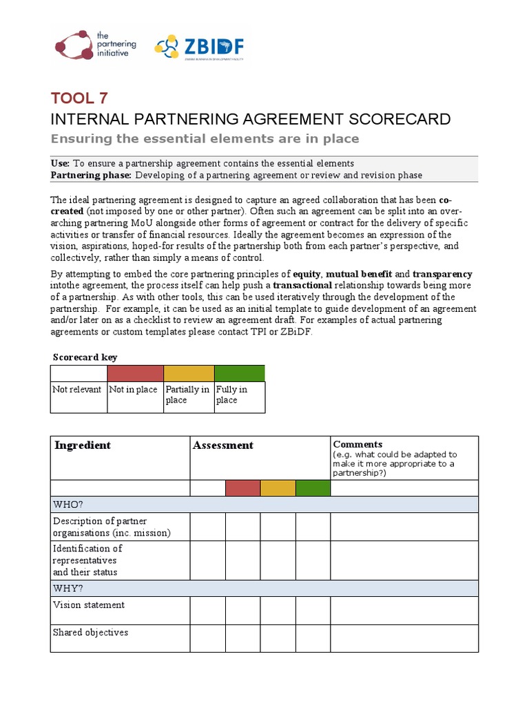 Tool 7: Internal Partnering Agreement Scorecard | PDF | Partnership ...