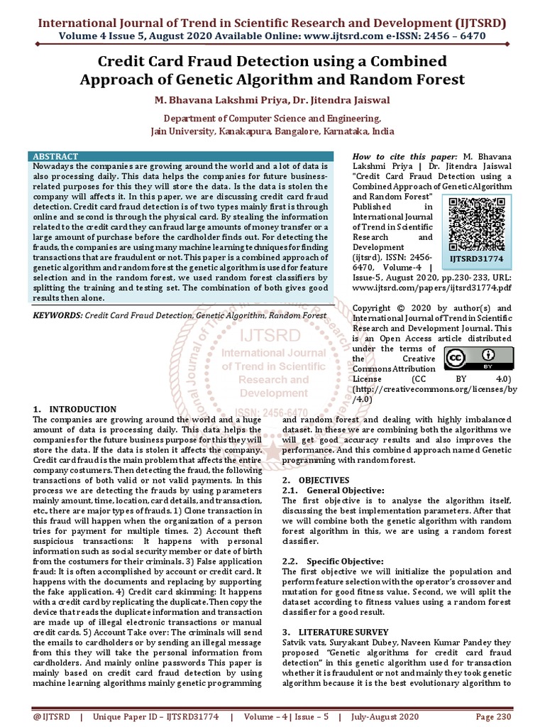 Credit Card Fraud Detection Using A Combined Approach Of Genetic Algorithm And Random Forest