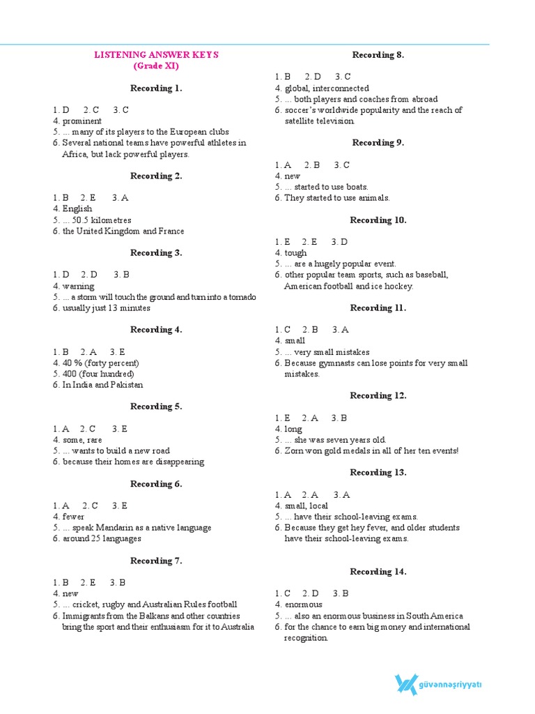 11-Listening-Reading Answer Keys PDF | PDF | Sports | Nature
