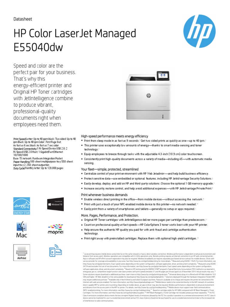 HP Color Laserjet Managed E55040Dw: Datasheet | PDF | Remote Desktop ...