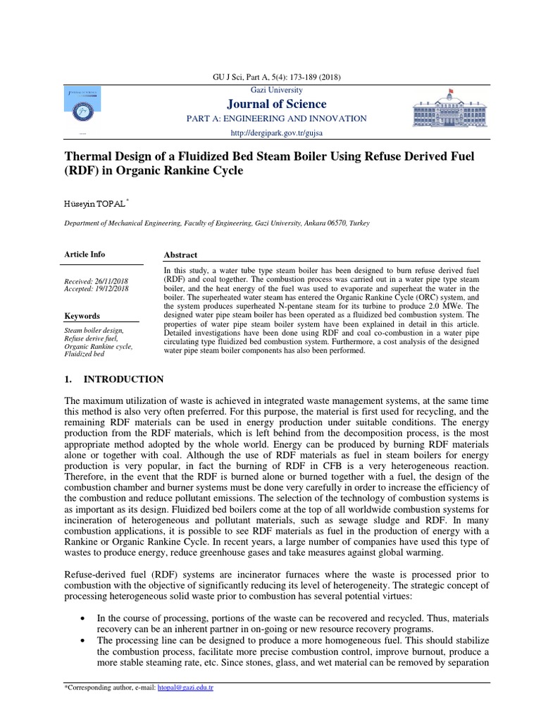 Thermal Design of A Fluidized Bed Steam Boiler Using Refuse Derived ...
