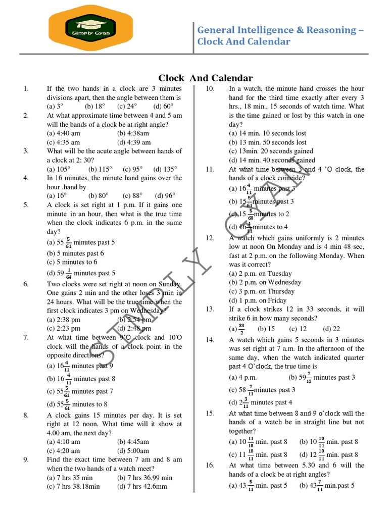 Clock and Calendar Questions and Answers | PDF | Time | Clock