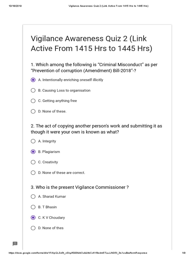 Vigilance Awareness Quiz | PDF | Justice | Crime & Violence