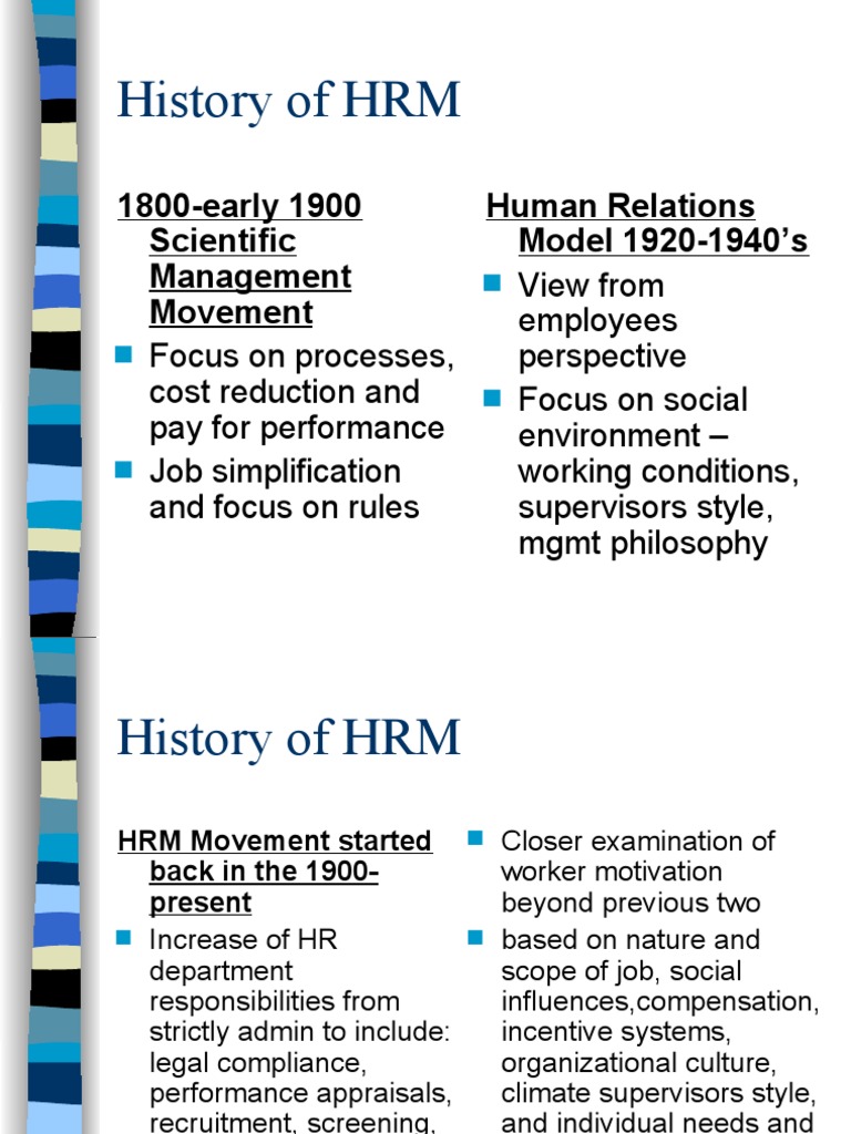 History of HRM: 1800-Early 1900 Scientific Management Movement Human ...