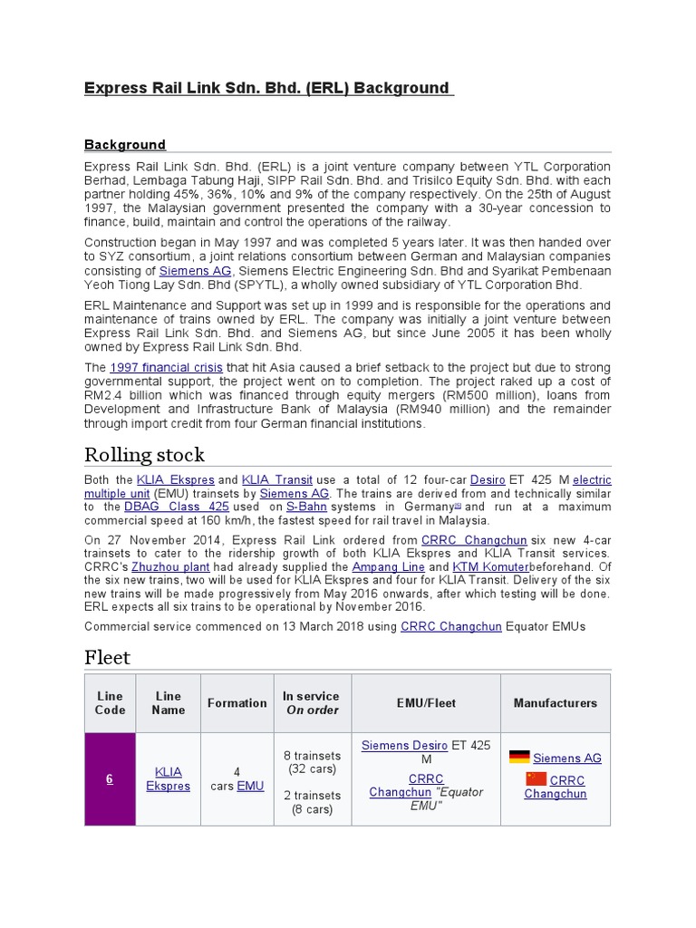 Express Rail Link SDN Background | PDF | Passenger Rail Transport ...