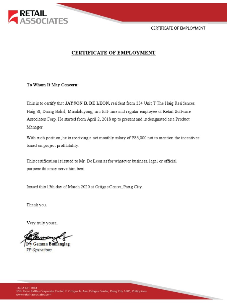 Certificate of Employment: To Whom It May Concern | PDF