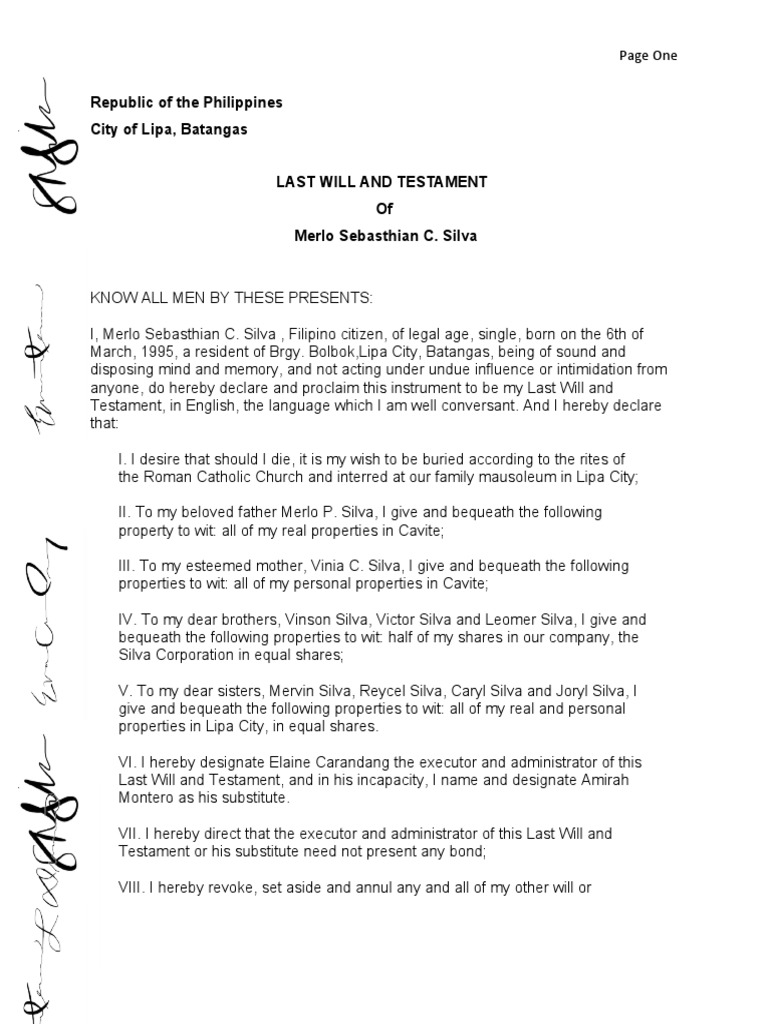 Republic of The Philippines City of Lipa, Batangas | PDF | Will And ...