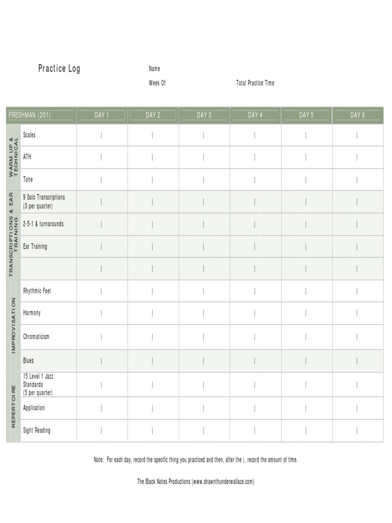 Practice Log: FRESHMAN (201) Day 1 Day 2 Day 3 Day 4 Day 5 Day 6 | PDF ...