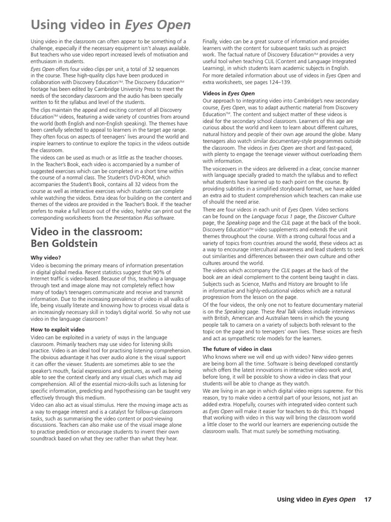 Eyes Open Methodology Using Video | PDF | Classroom | Teachers