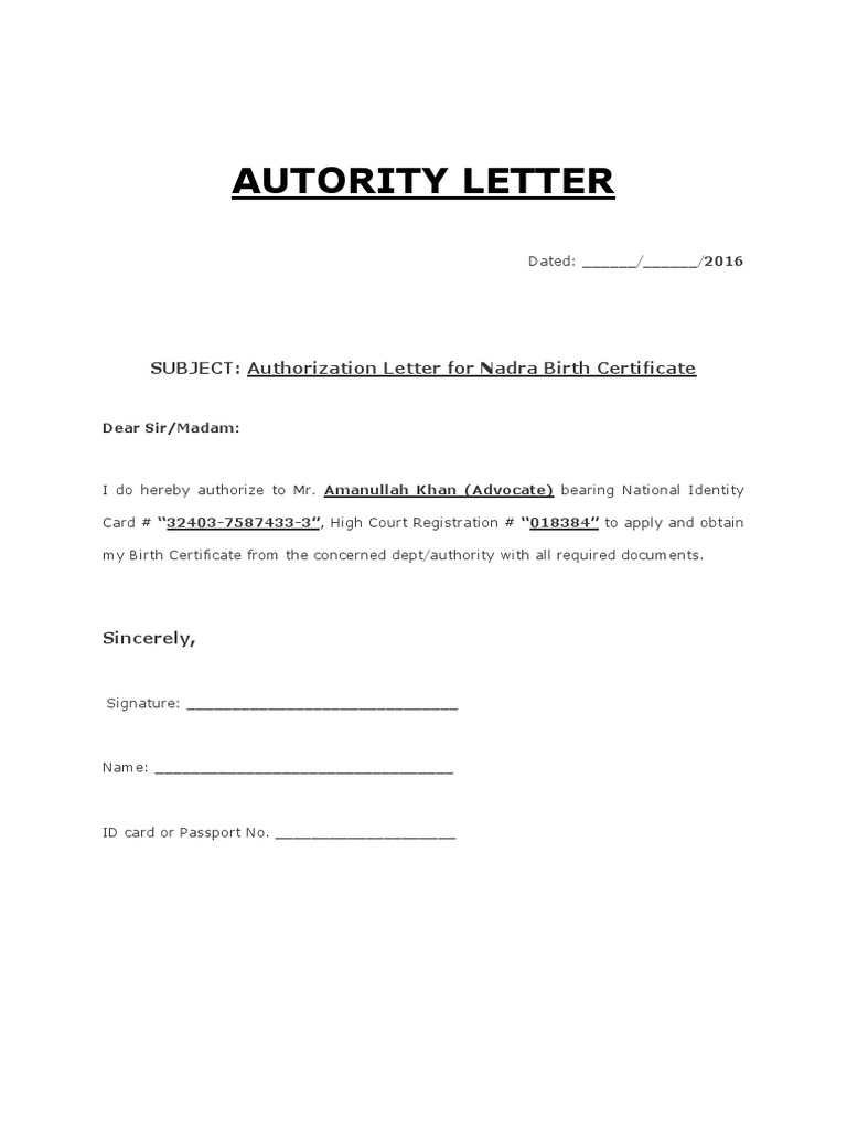 Authorization for Nadra Birth Certificate | PDF | Law