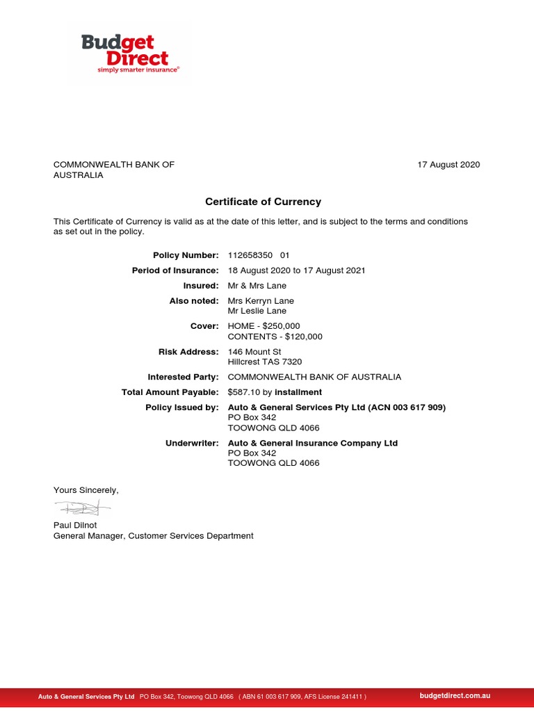 Certificate of Currency: Policy Number: Period of Insurance: Insured ...