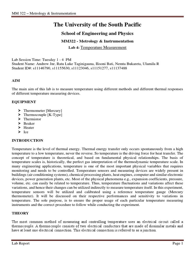 Temperature Measurement Lab Report | PDF | Thermocouple | Thermometer