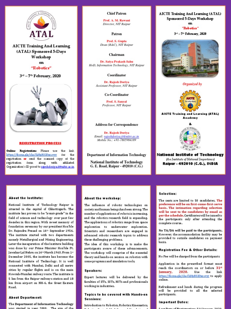 Brochure of ATAL Sponsored Workshop On Robotics 3rd-7th Feb 2020 | PDF ...