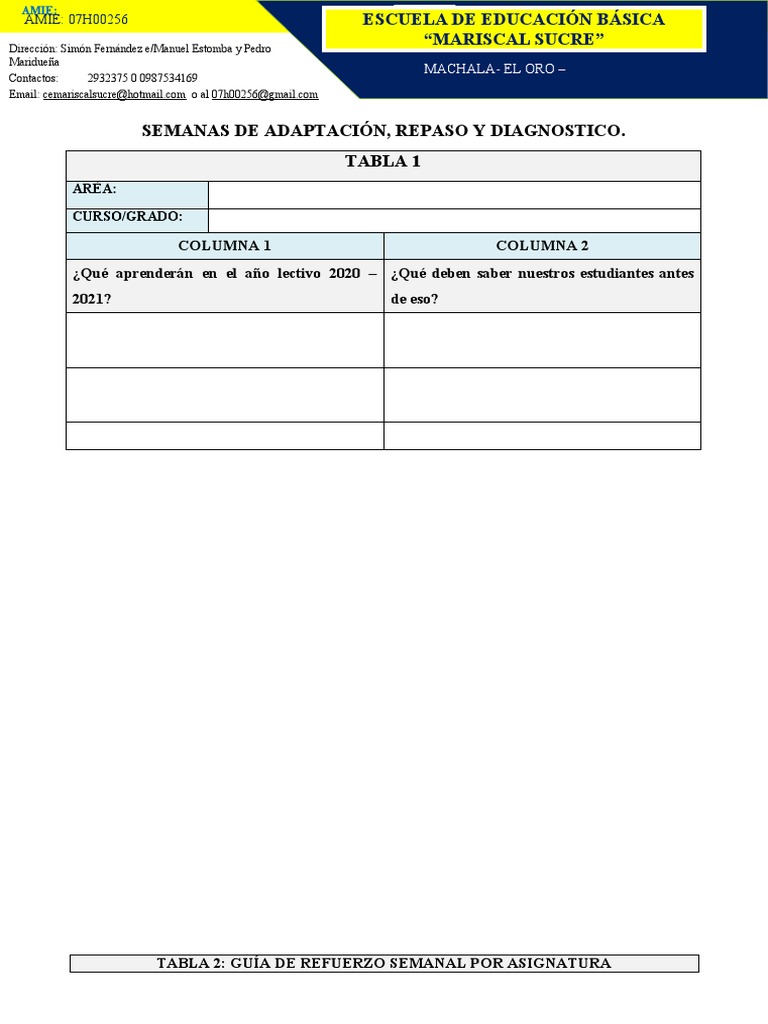 Tablas de Adaptacion, Repaso y Diagnostico 2 Semanas | PDF | Educación ...