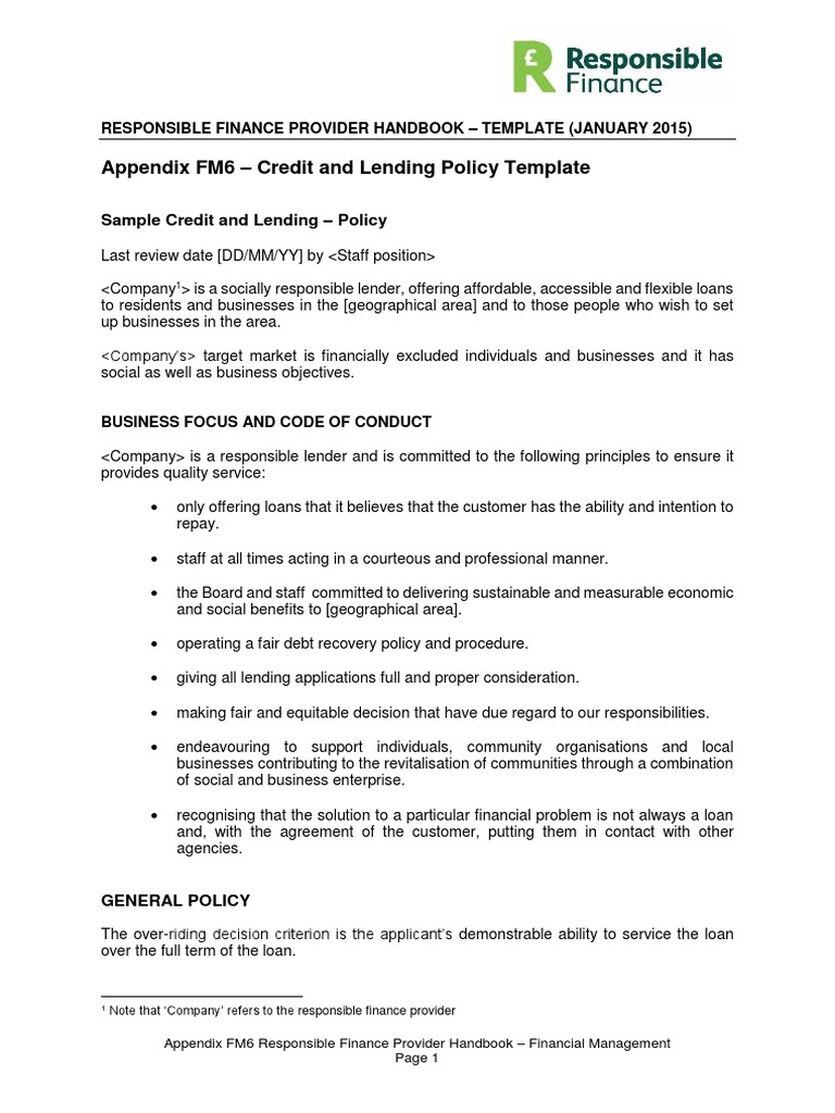 Responsible Lending Policy Template | PDF | Loans | Interest
