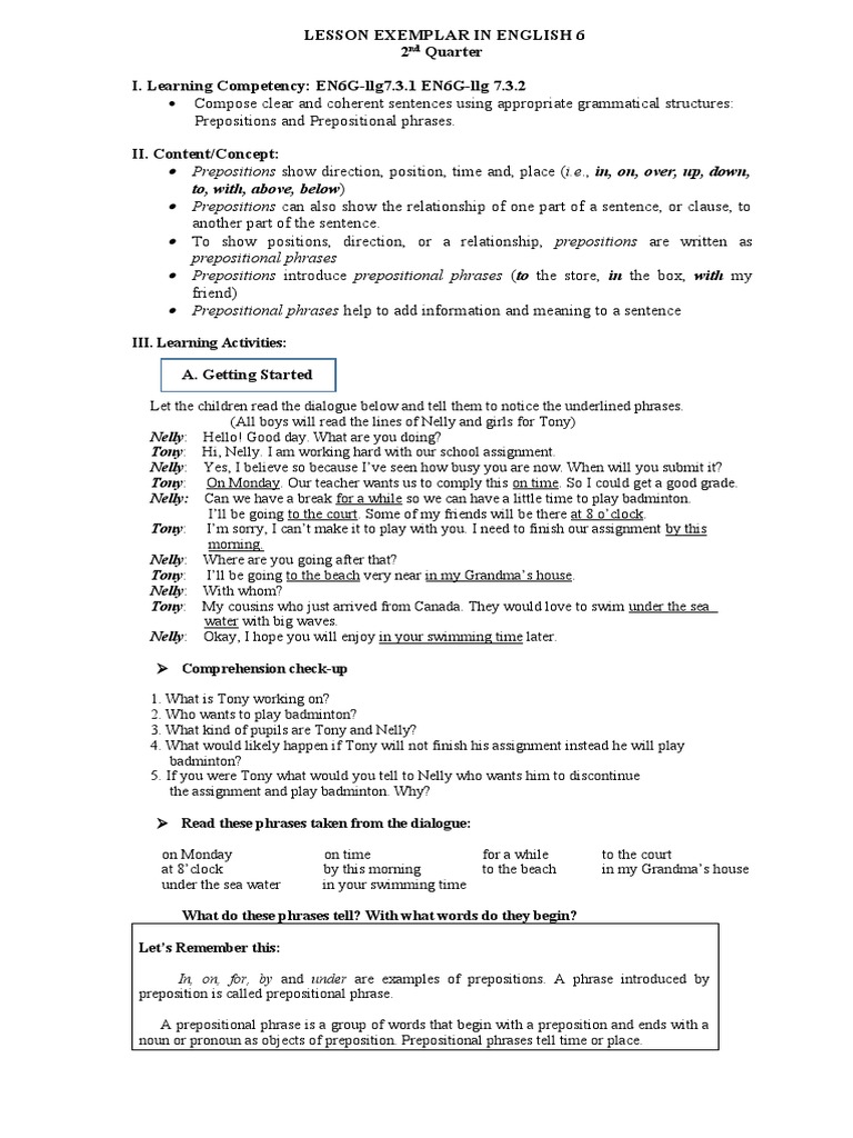 Lesson Exemplar in English - 6 | PDF | Preposition And Postposition ...