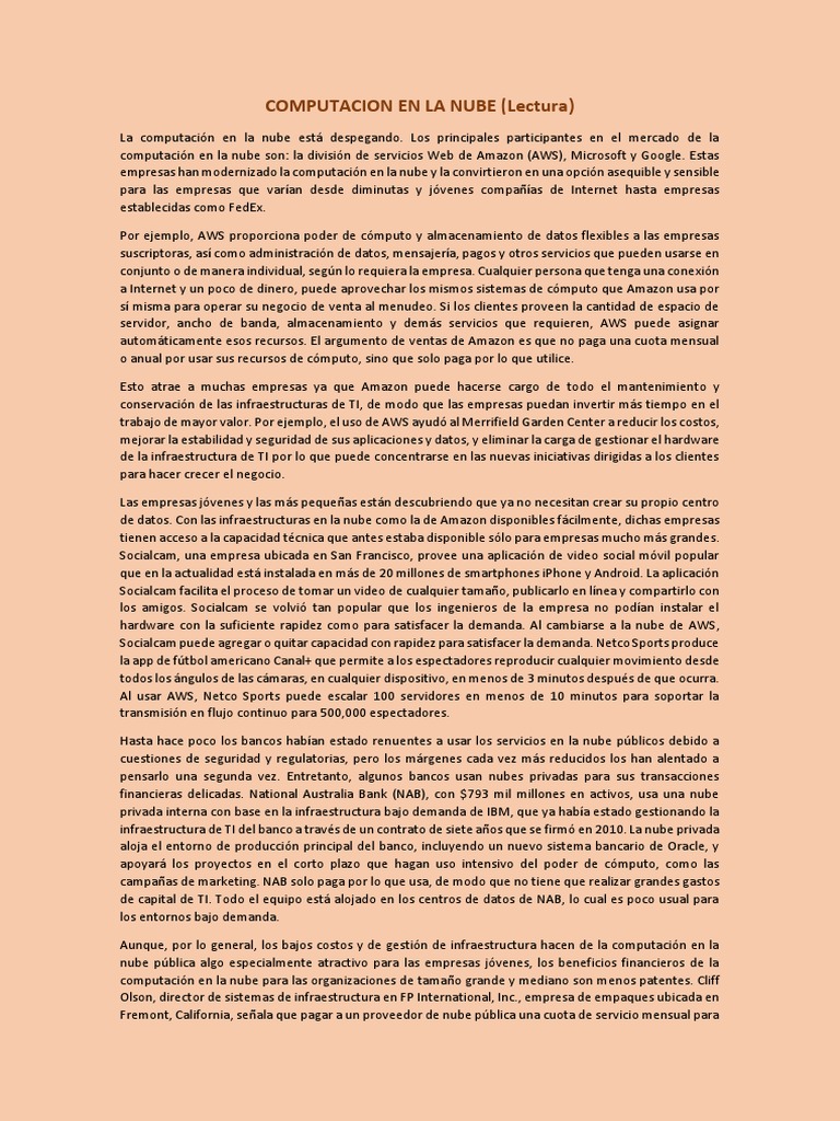 Lectura COMPUTACION EN LA NUBE PDF | PDF | Servicios web de Amazon ...