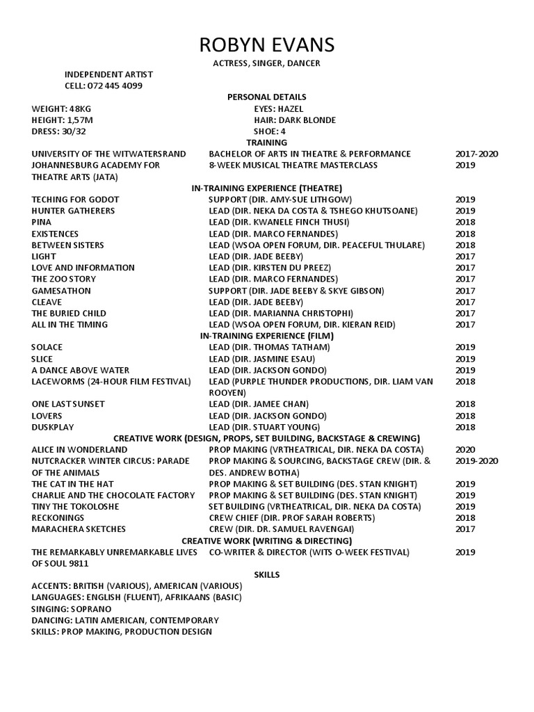 robyn evans - actors cv | Theatre | Entertainment (General)