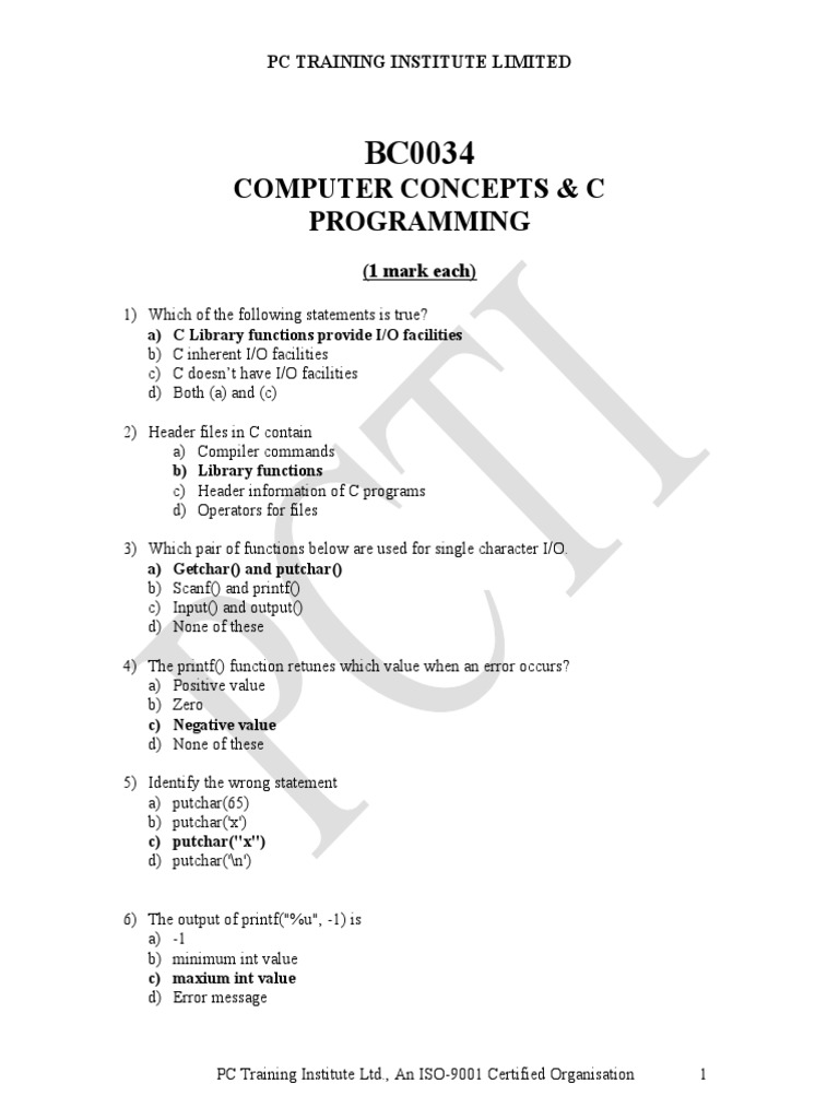 Computer Concepts And C Programming 1 Mark Each Pdf Pointer Computer Programming Array
