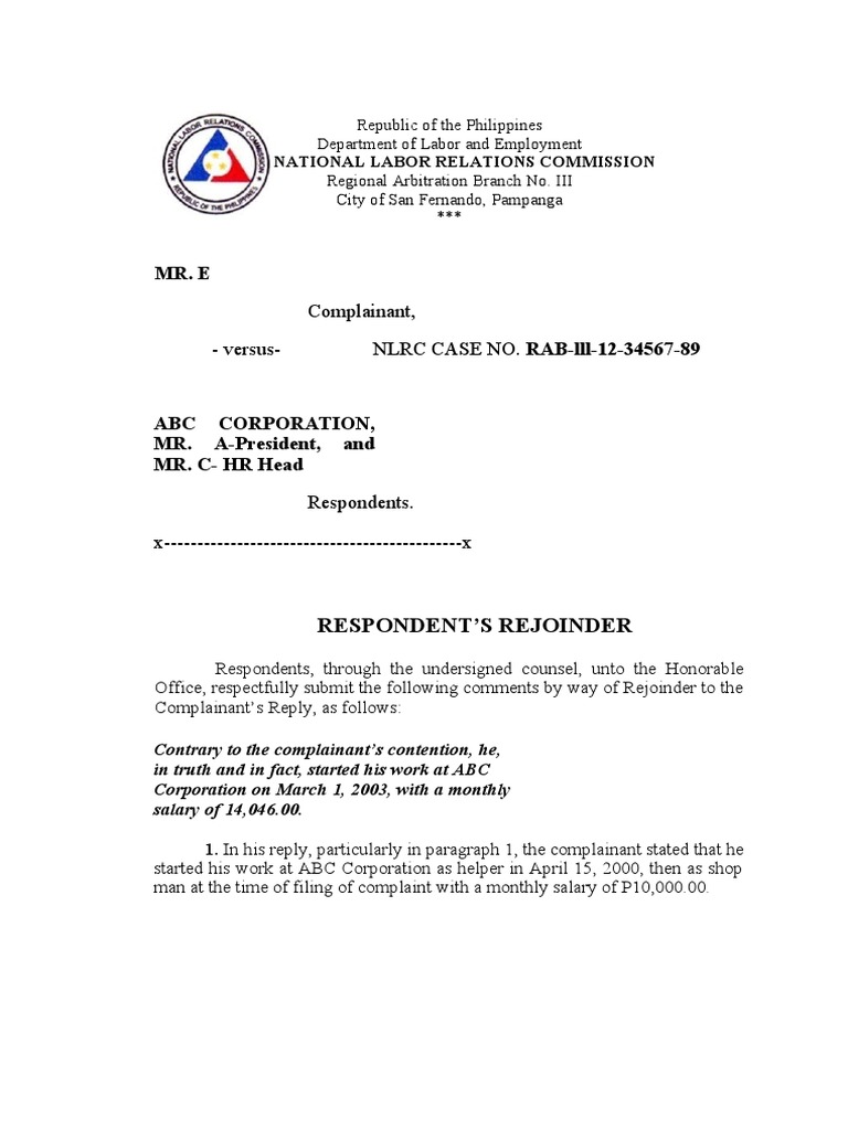 Complainant, - versus-NLRC CASE NO. RAB-lll-12-34567-89: Respondent'S ...