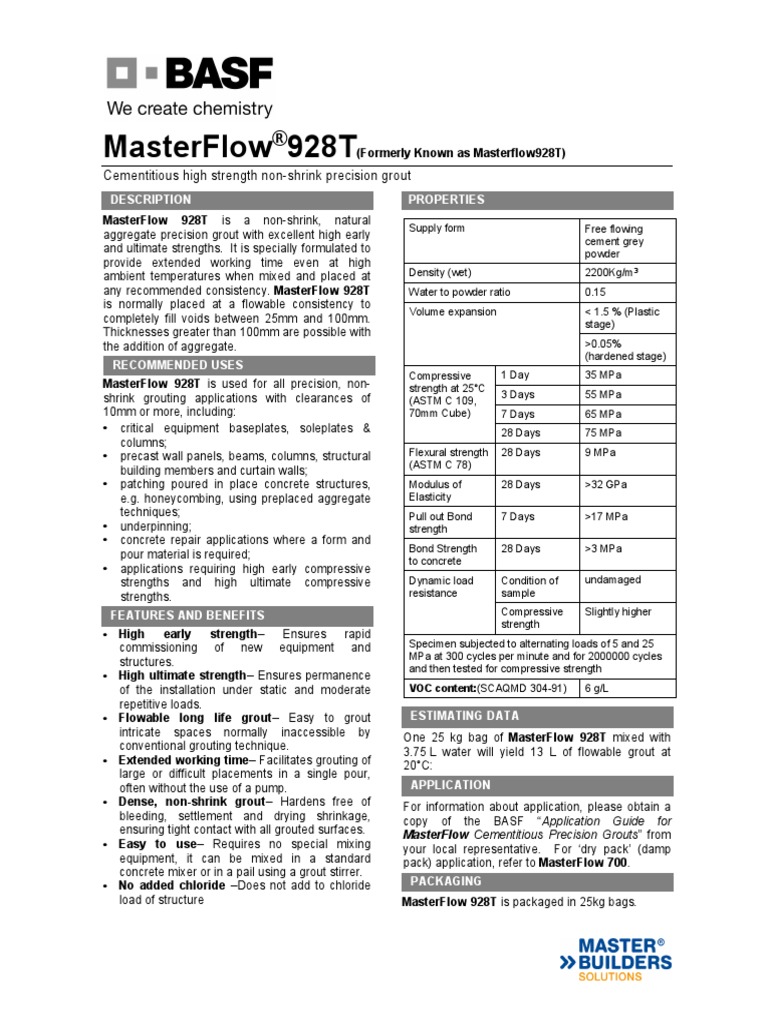 Masterflow 928T: Cementitious High Strength Non-Shrink Precision Grout ...