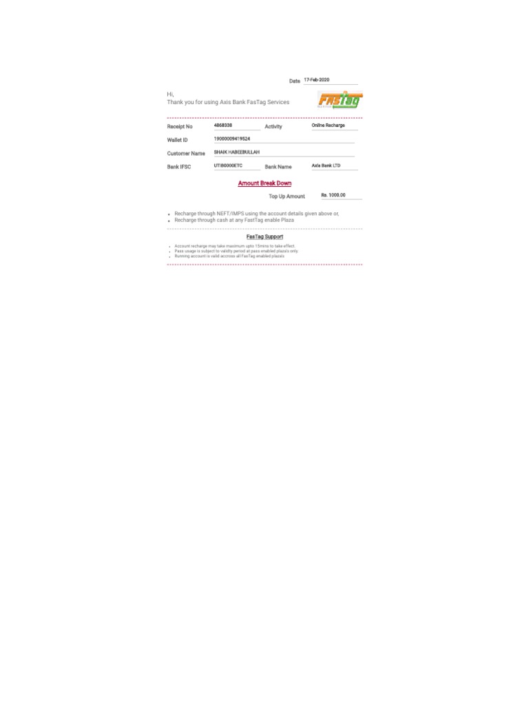 Axis Bank FasTag Recharge Confirmation | PDF