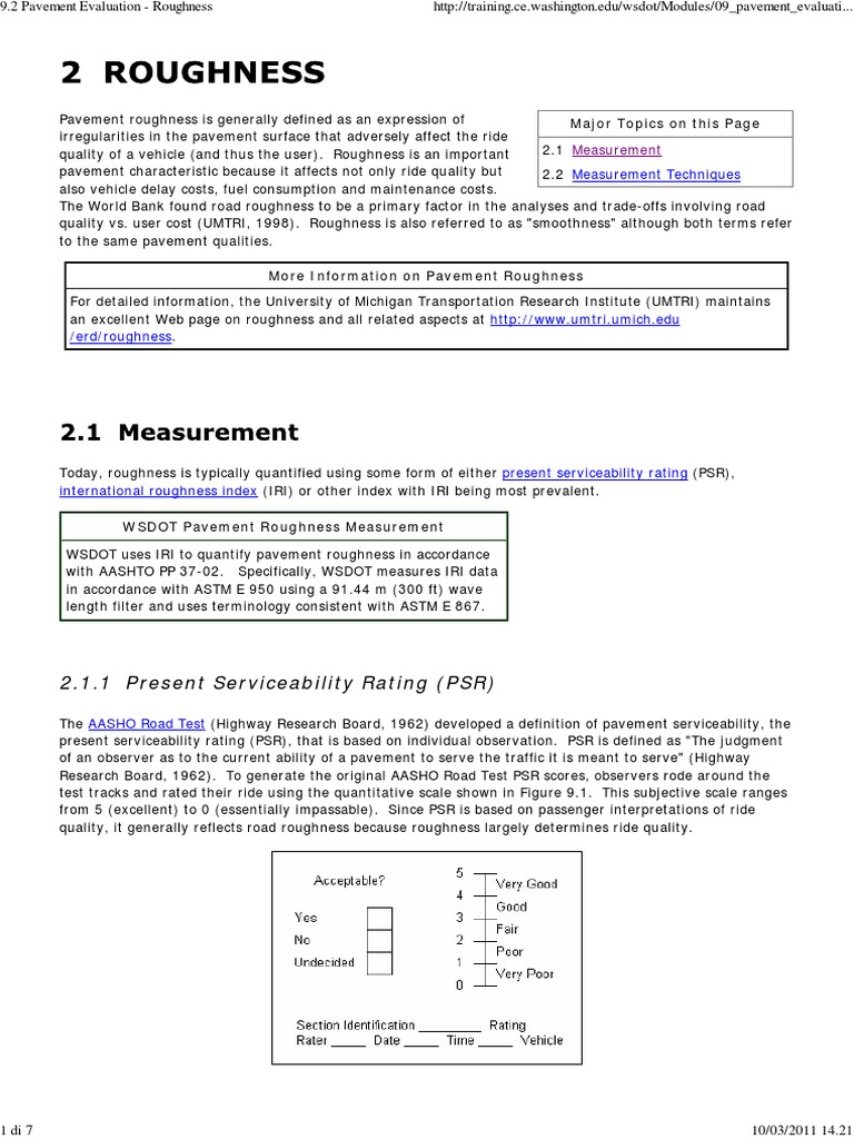 2.1.1 Present Serviceability Rating (PSR) : Major Topics On This Page ...