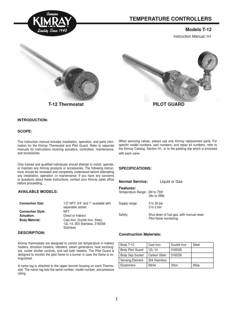 Kimray T-12 (Temperature Controller) | PDF | Thermostat | Valve