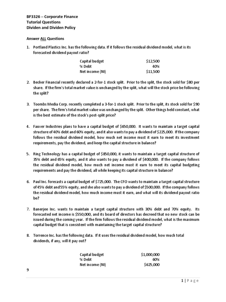 Tutorial 9 - Dividend and Dividend Policy | PDF | Dividend | Capital ...