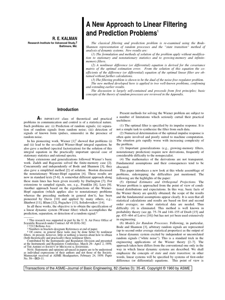 Kalman - A New Approach To Linear Filtering, Etc. (1960) | PDF | Business