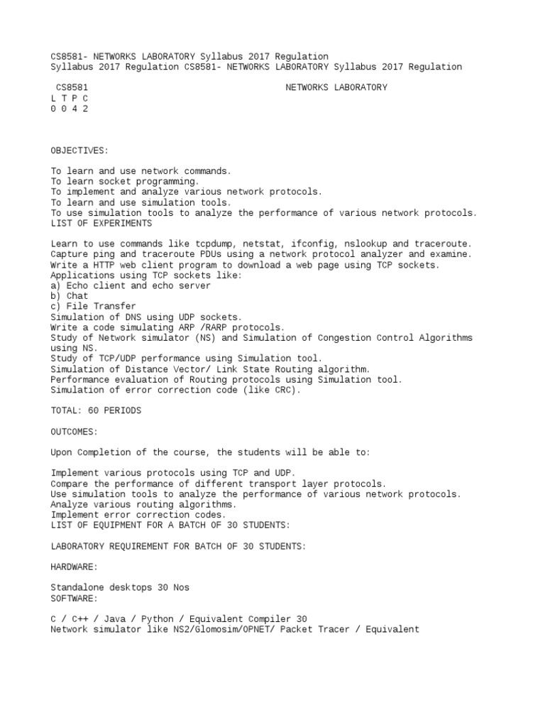 CS8581 Networks Laboratory Syllabus 2017 | PDF