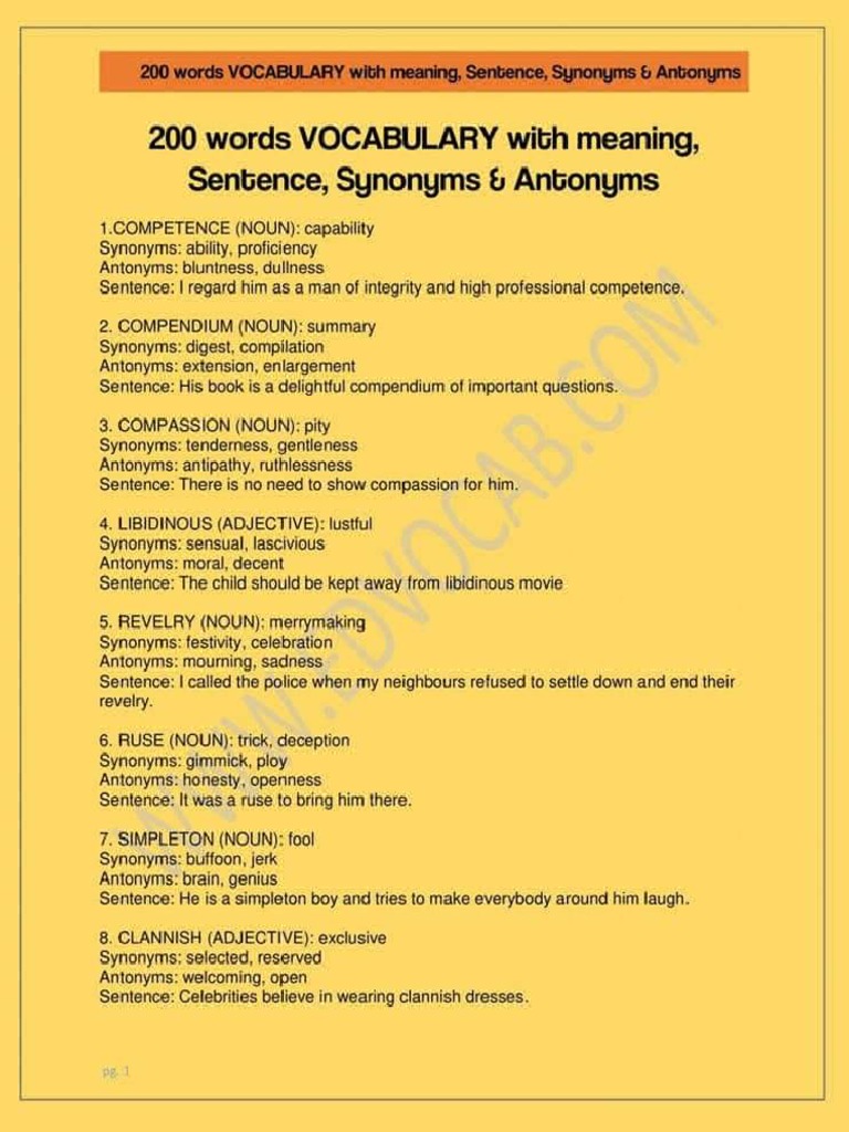 200 Vocabulary Words | PDF