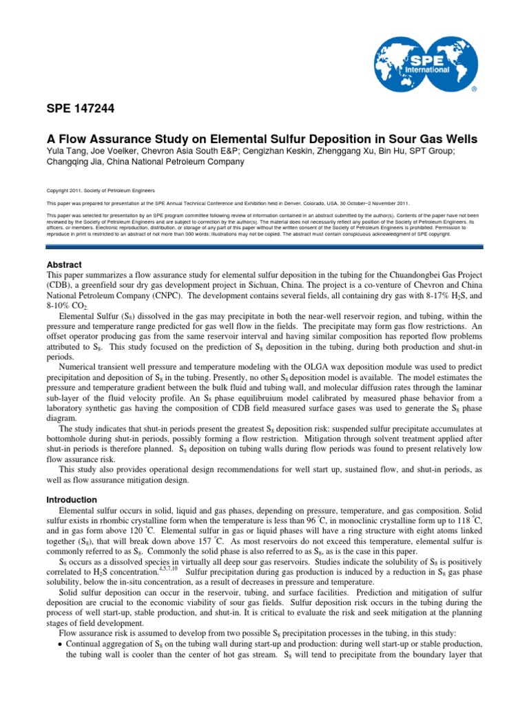 SPE 147244 A Flow Assurance Study On Elemental Sulfur Deposition in ...
