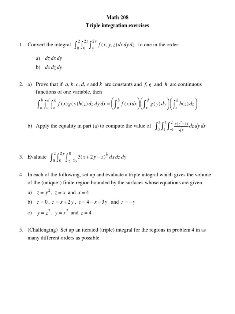 Triple Integration Exercises | Download Free PDF | Integral | Mathematical Relations